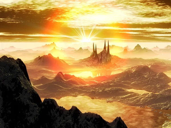 Breaking Dawn over Alien City in Snow - Stock Image - Everypixel