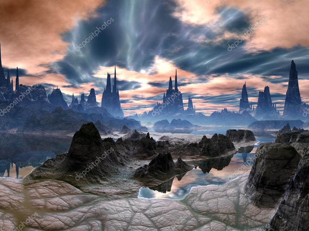 Electrical Storms over Rock Towers on Alien World — Stock Photo ...