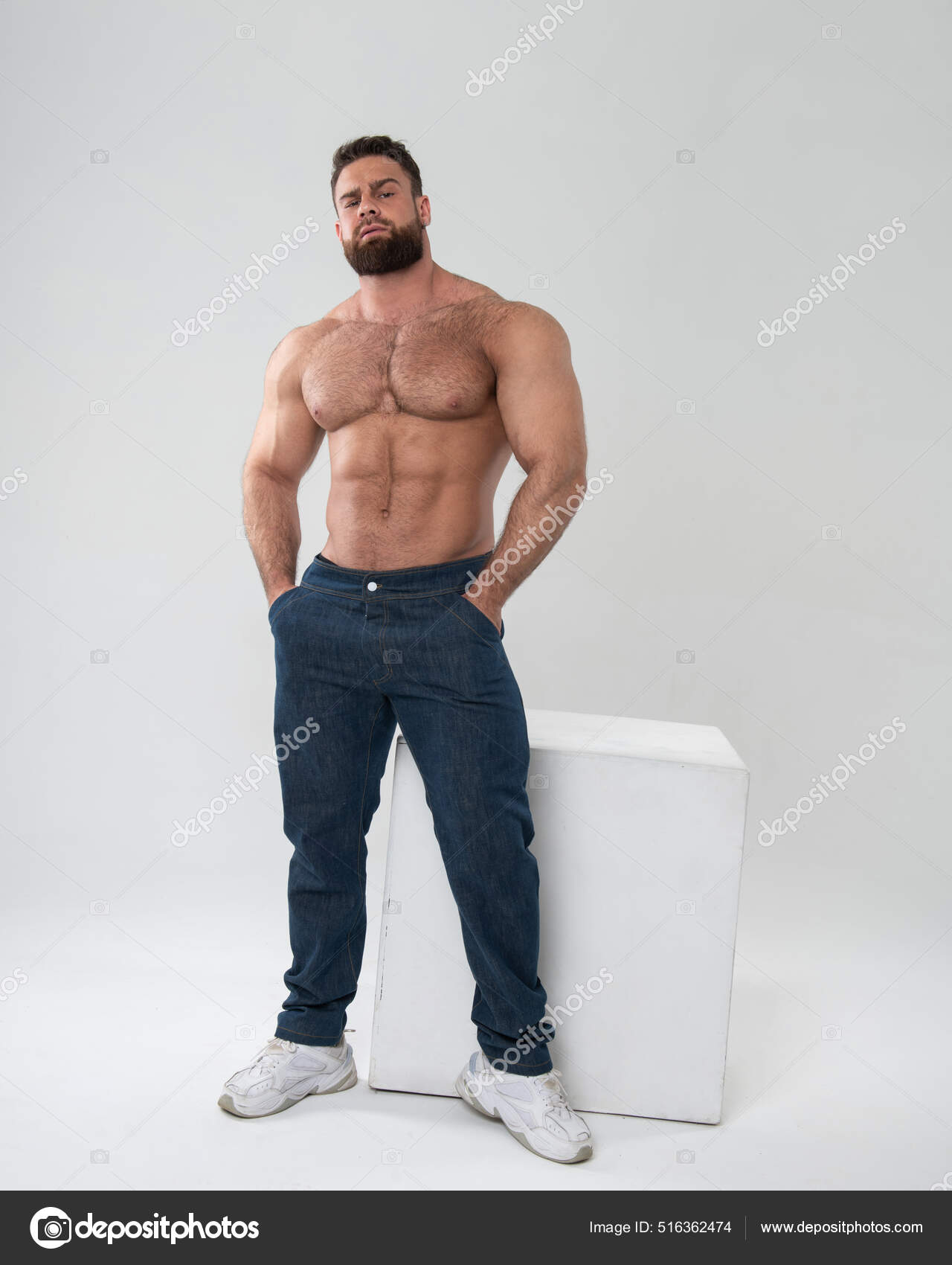 Shirtless Bodybuilder Blue Jeans White Background Studio Stock Photo by ...