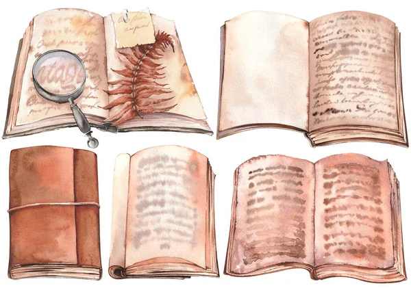 Old books arrangement. Watercolor illustration on white. Stock ...