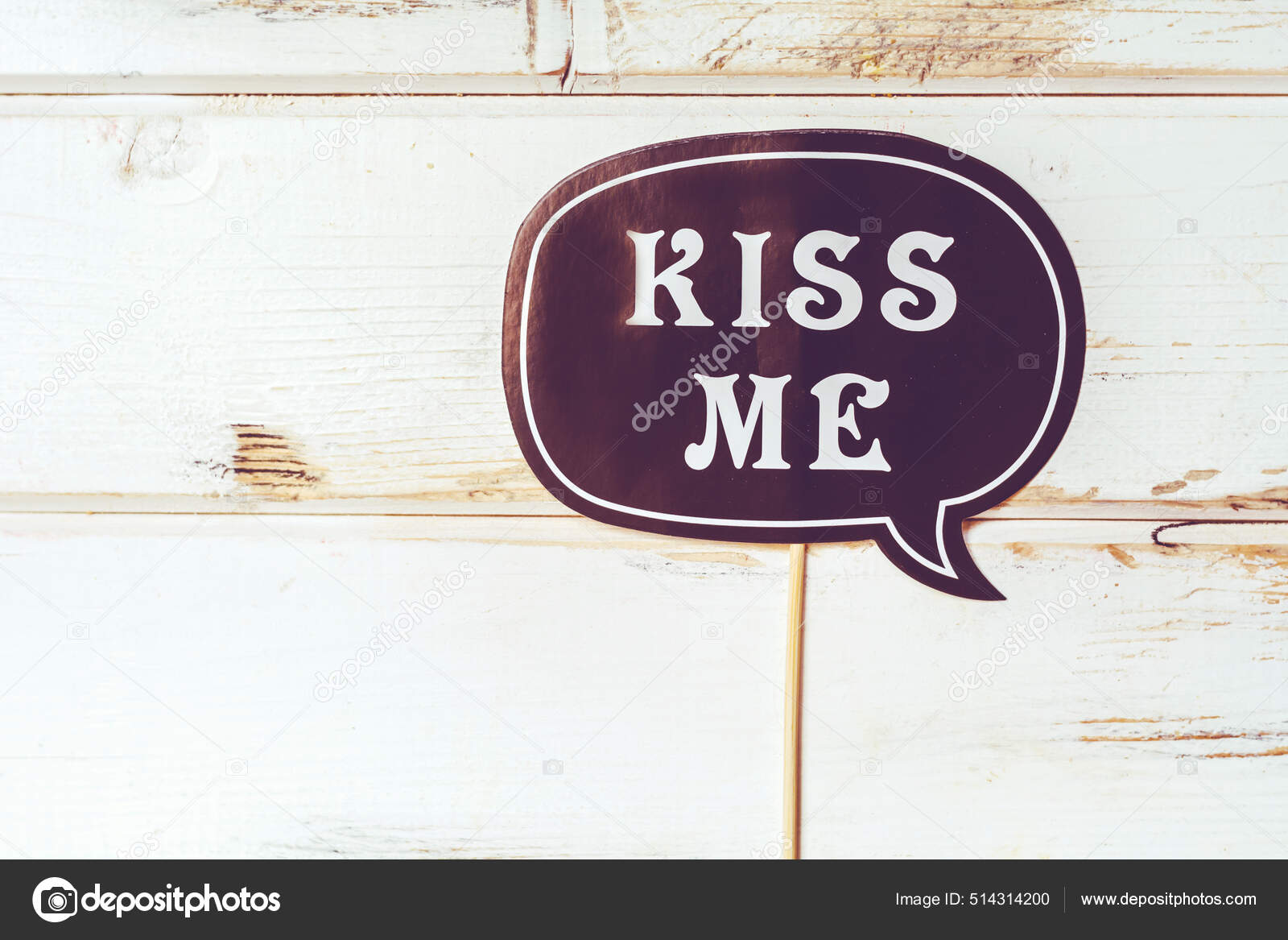 Party Stick Kiss Text White Wooden Background Stock Photo by ...