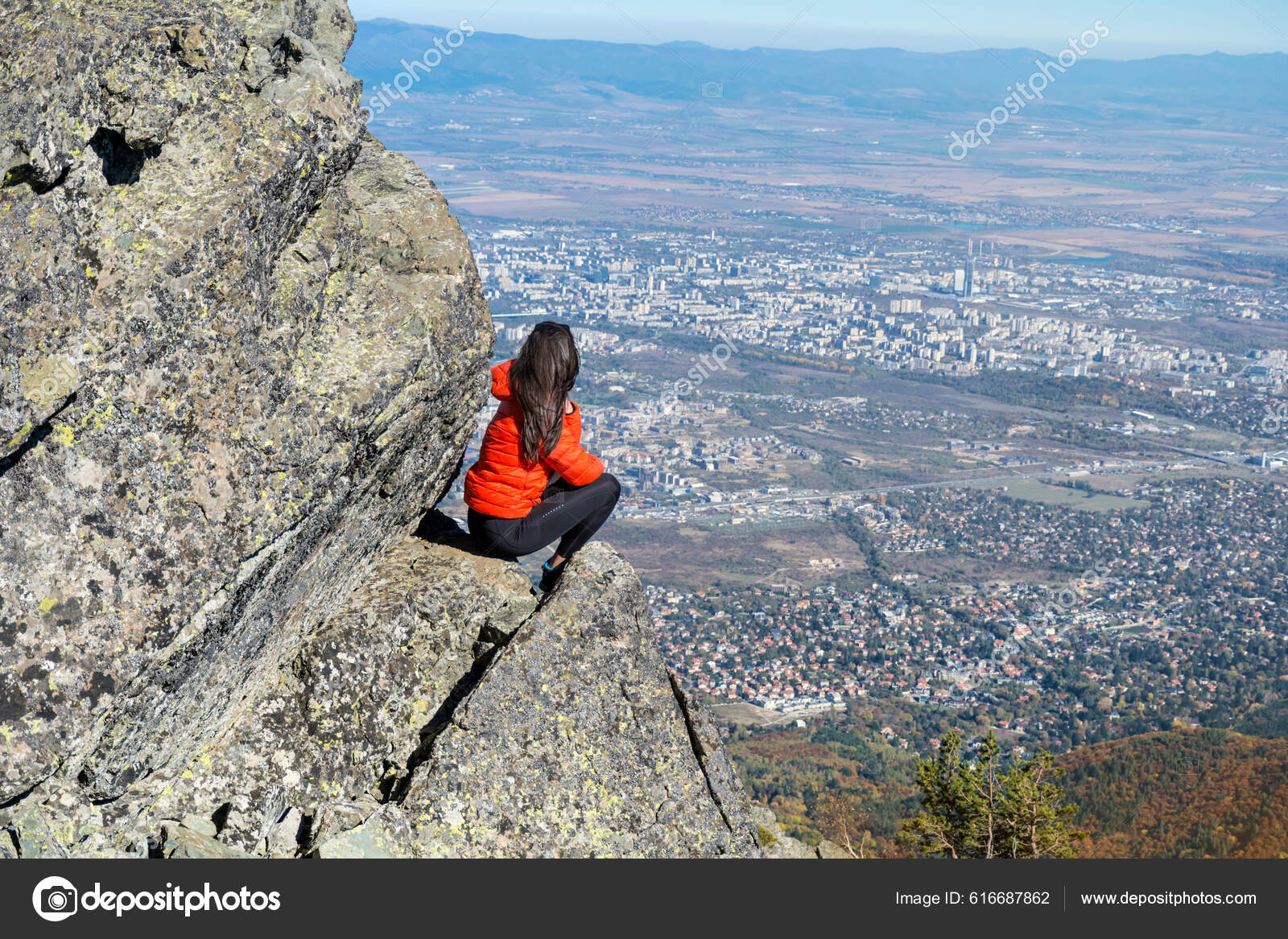 Woman Sitting Rocks High Autumn Mountain City Sofia Vitosha Mountain — Stock Photo ...