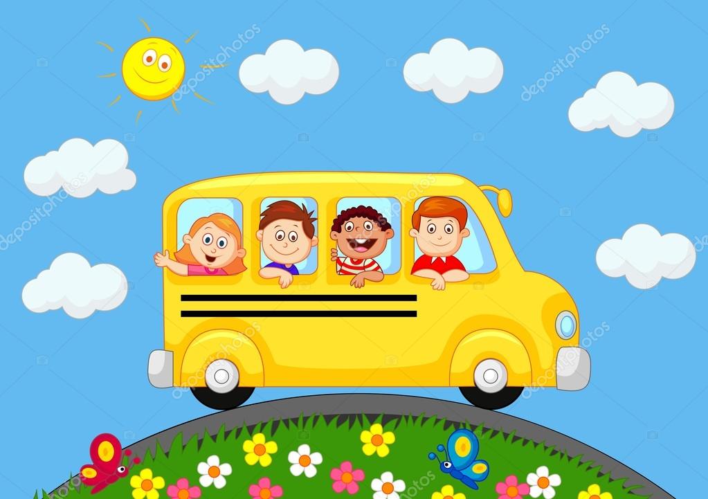 Autobús escolar con dibujos animados niños felices Ilustración de stock ...