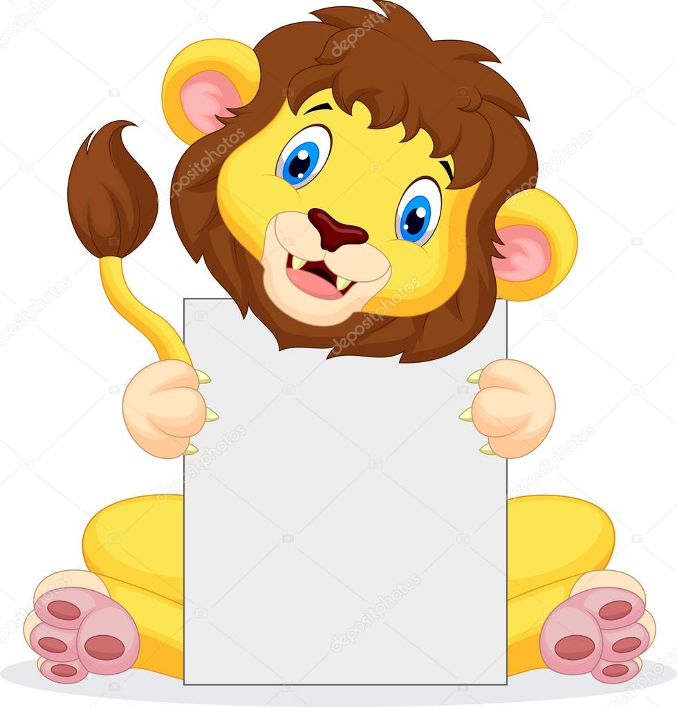 Dibujos animados de León con cartel en blanco — Archivo Imágenes ...