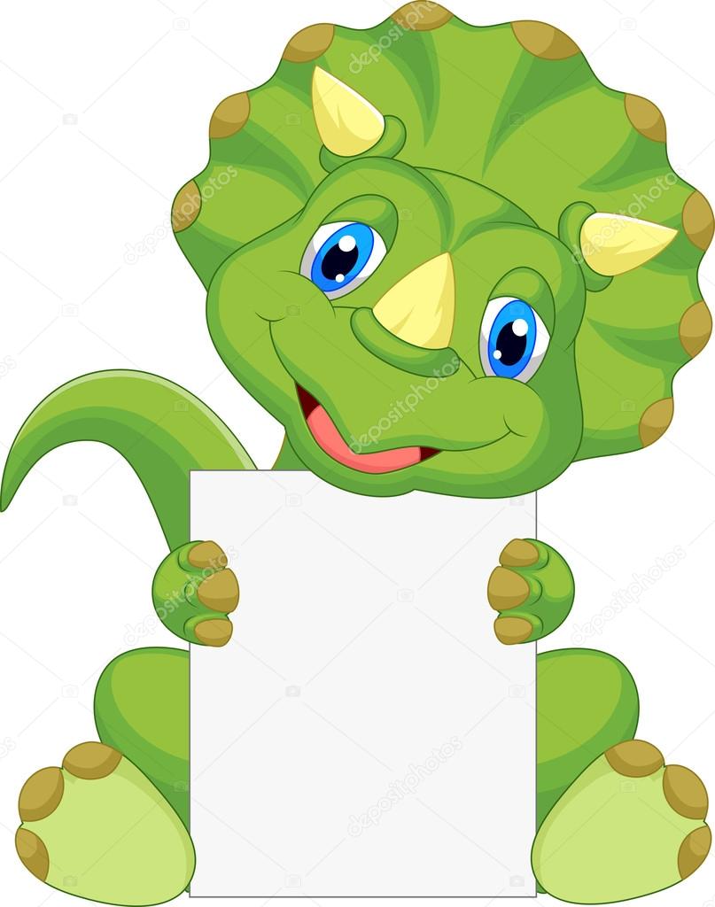 Linda caricatura de dinosaurio sosteniendo el signo en blanco Vector de stock por ©tigatelu 35747497