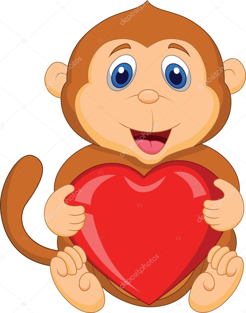 Mono de dibujos animados sosteniendo el corazón rojo 2023