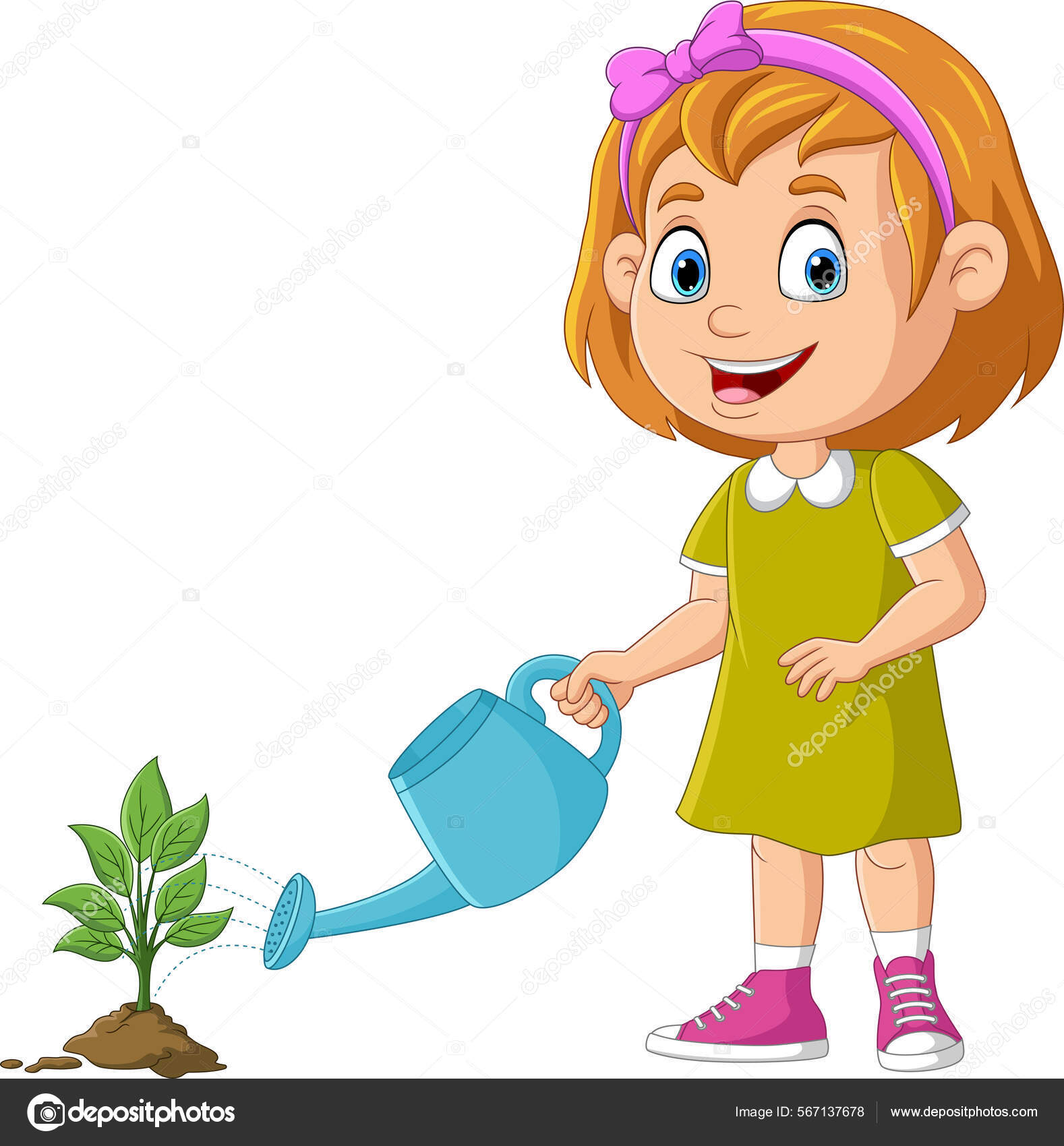 Vector Illustration Cartoon Cute Little Girl Watering Plants Vetor de ...