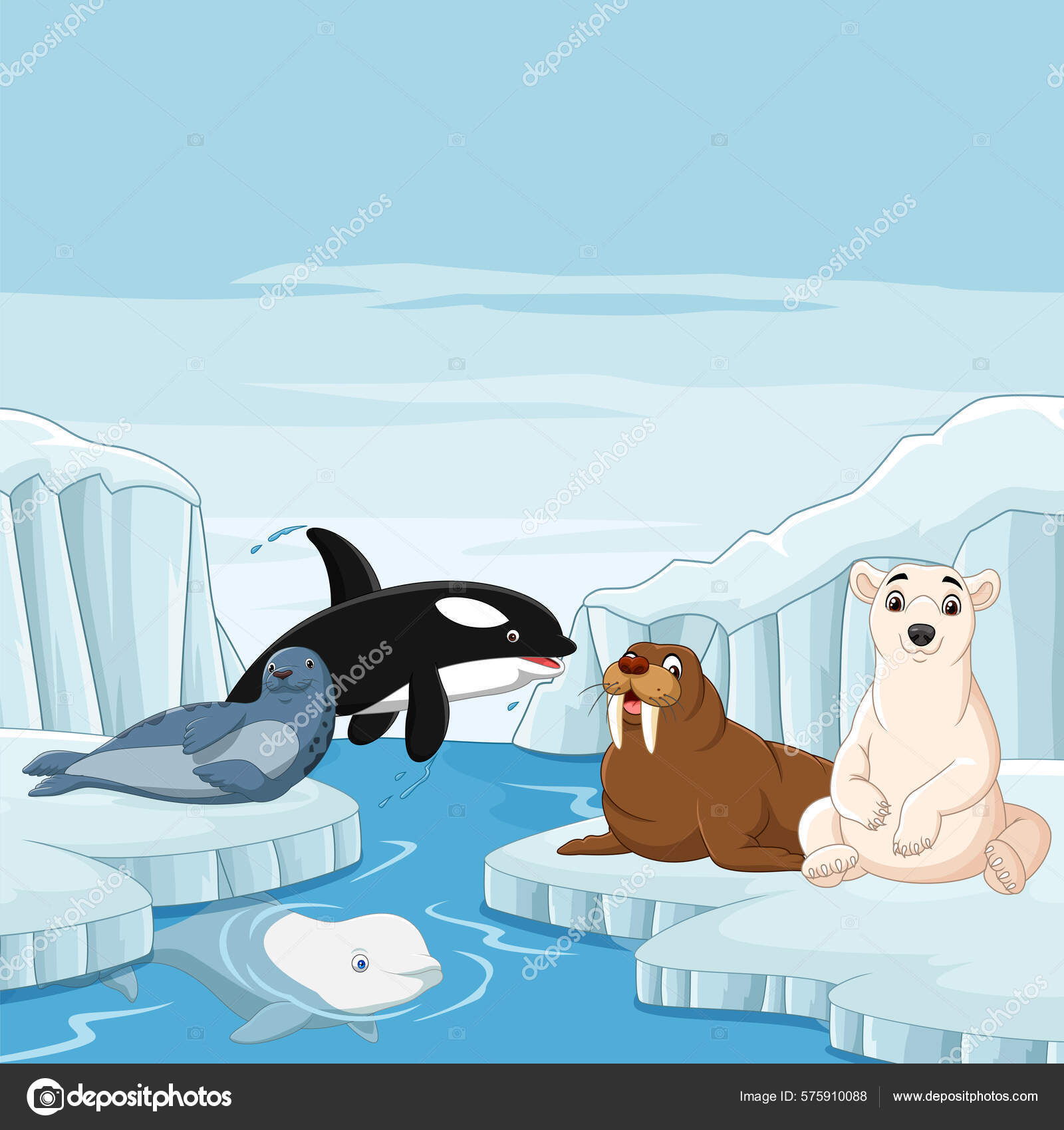 Vector Illustration Cartoon Arctic Animals Arctic Scenery Background ...