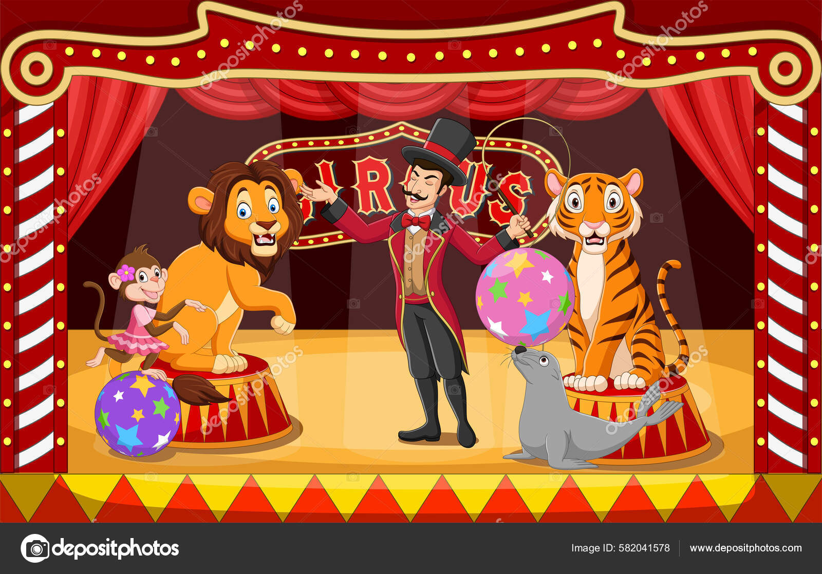 Ilustración Vectorial Artistas Circo Dibujos Animados Con Animales ...