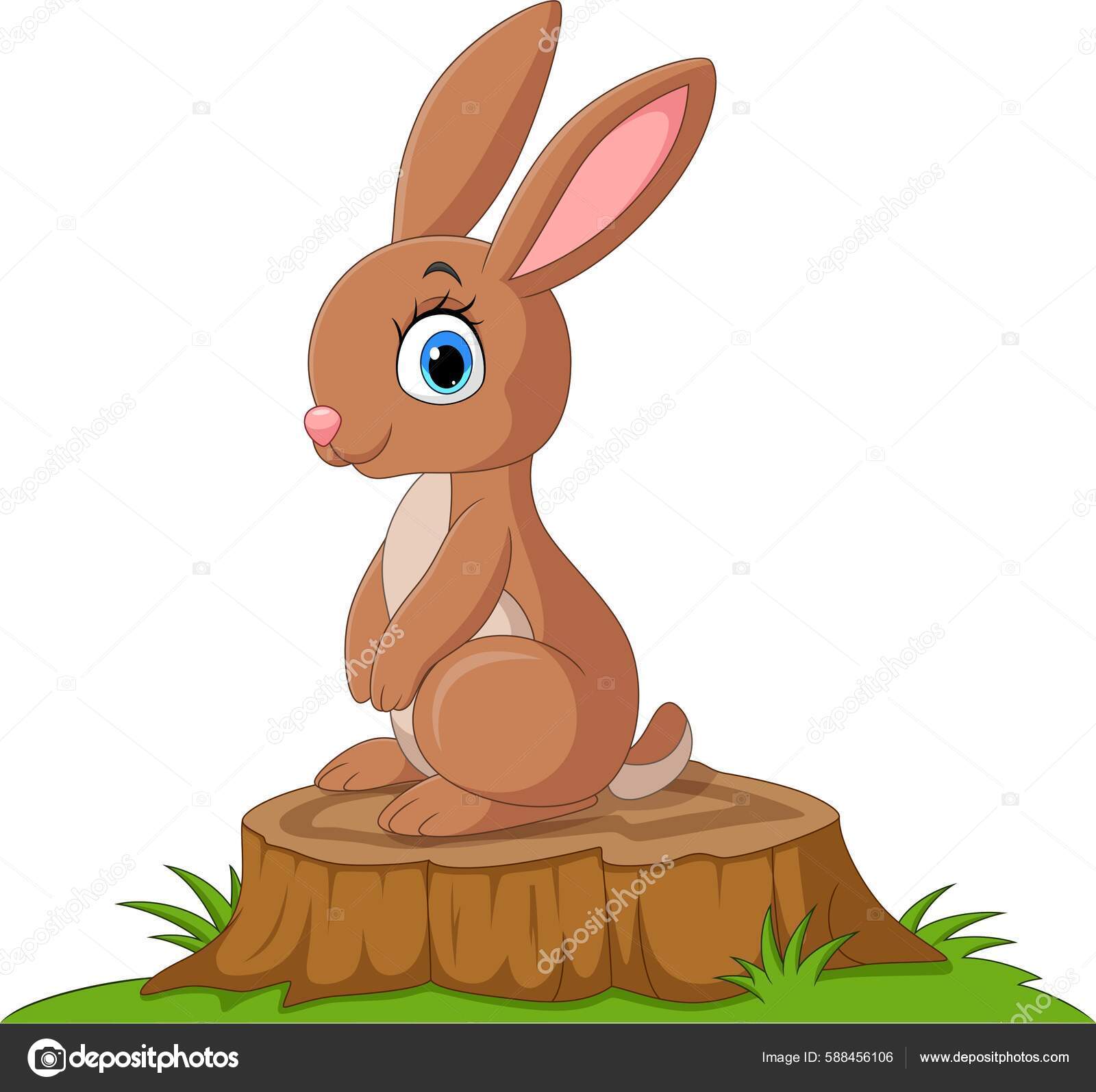 Vector Illustration Cute Little Bunny Cartoon Sitting Tree Stump Stock ...