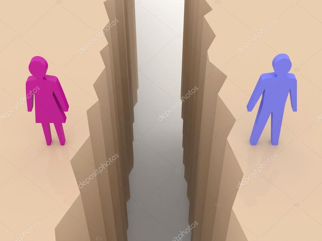 Man and woman split on sides, separation crack. Concept 3D illustration ...