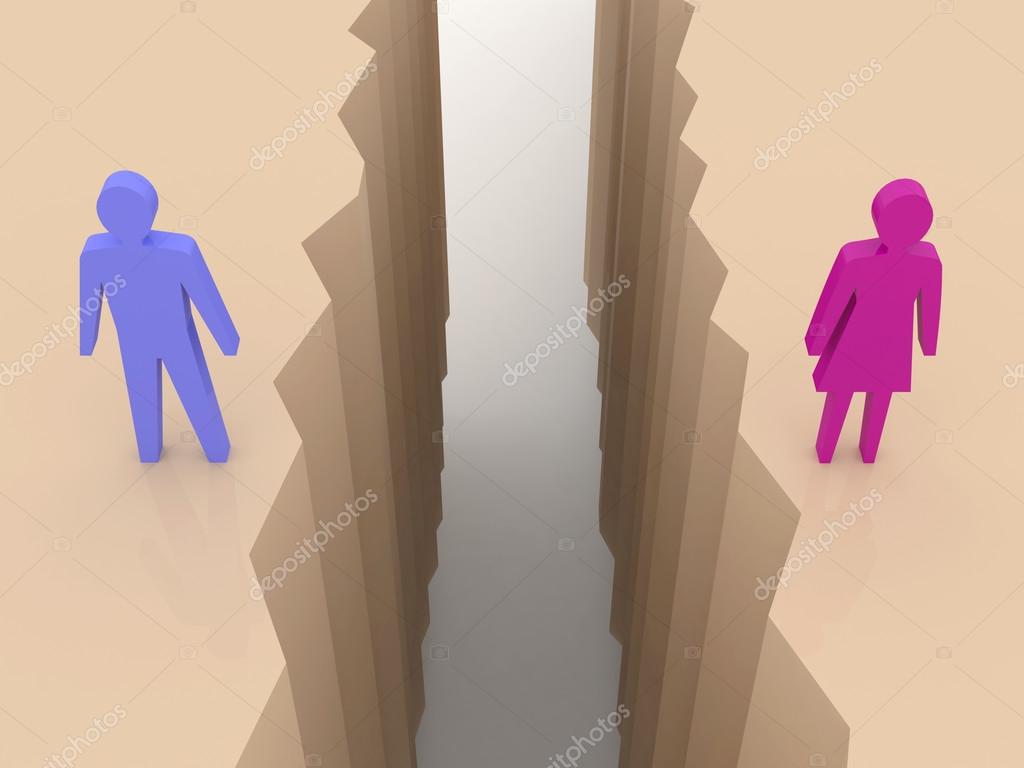 Man and woman split on sides, separation crack. Concept 3D illustration ...