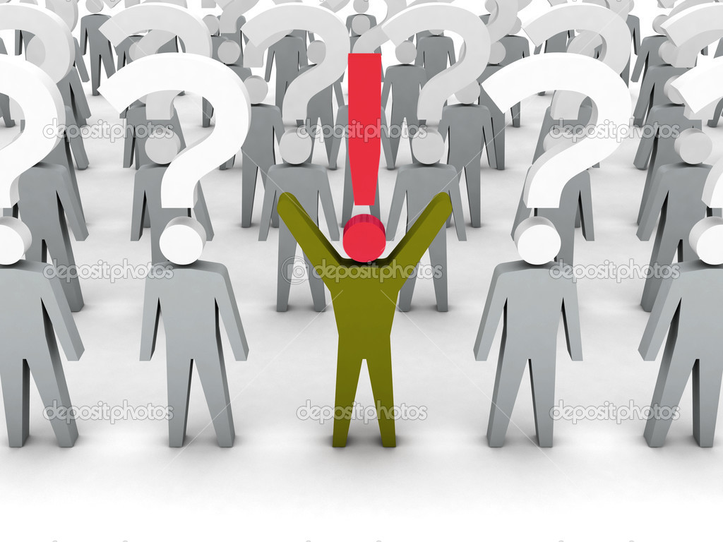 One man with exclamation mark and a lot of men with question marks ...