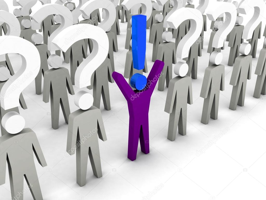 One man with exclamation mark and a lot of men with question mar Stock ...
