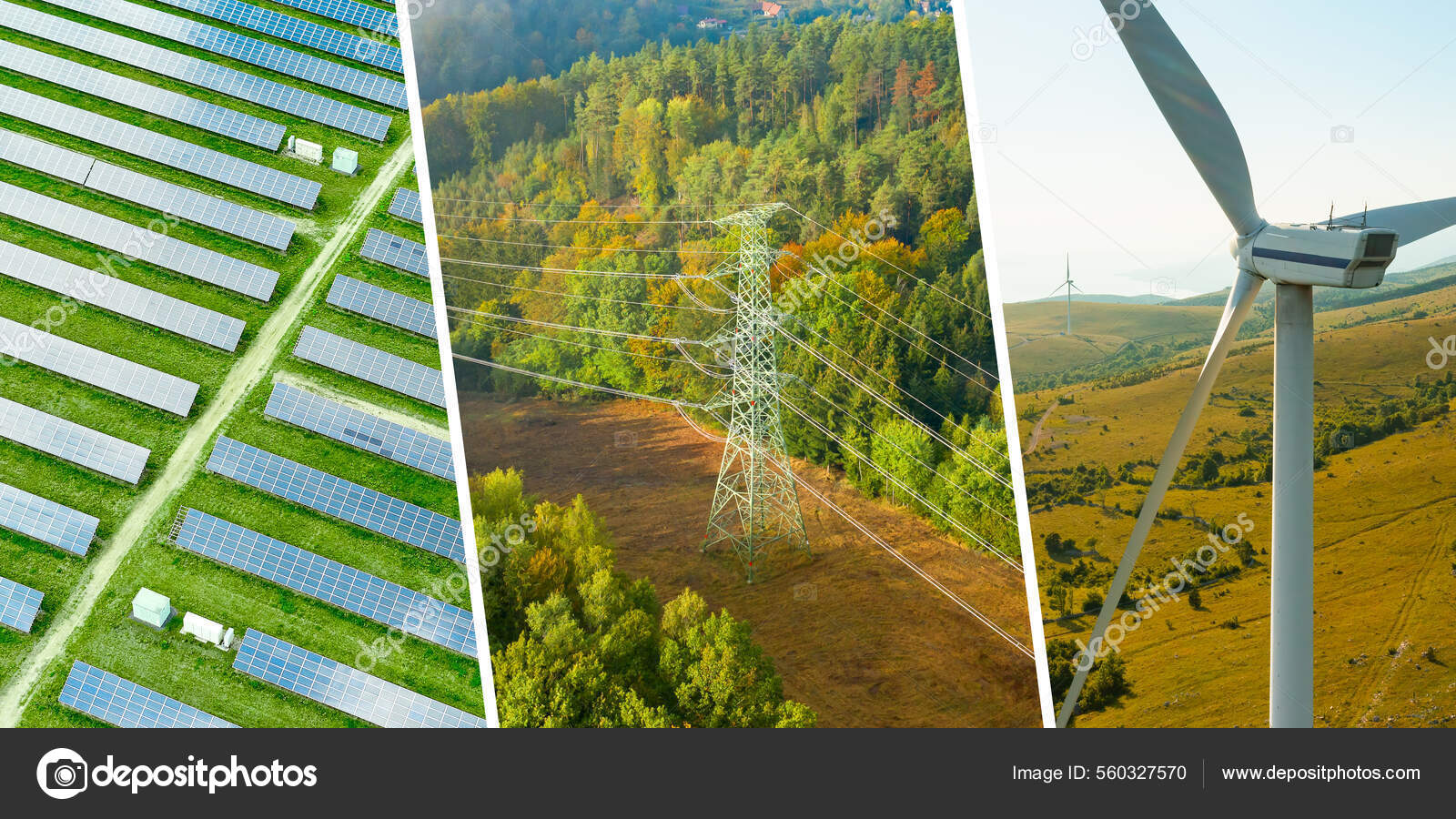 Renewable green energy collage with solar panel, windmill and pylon ...