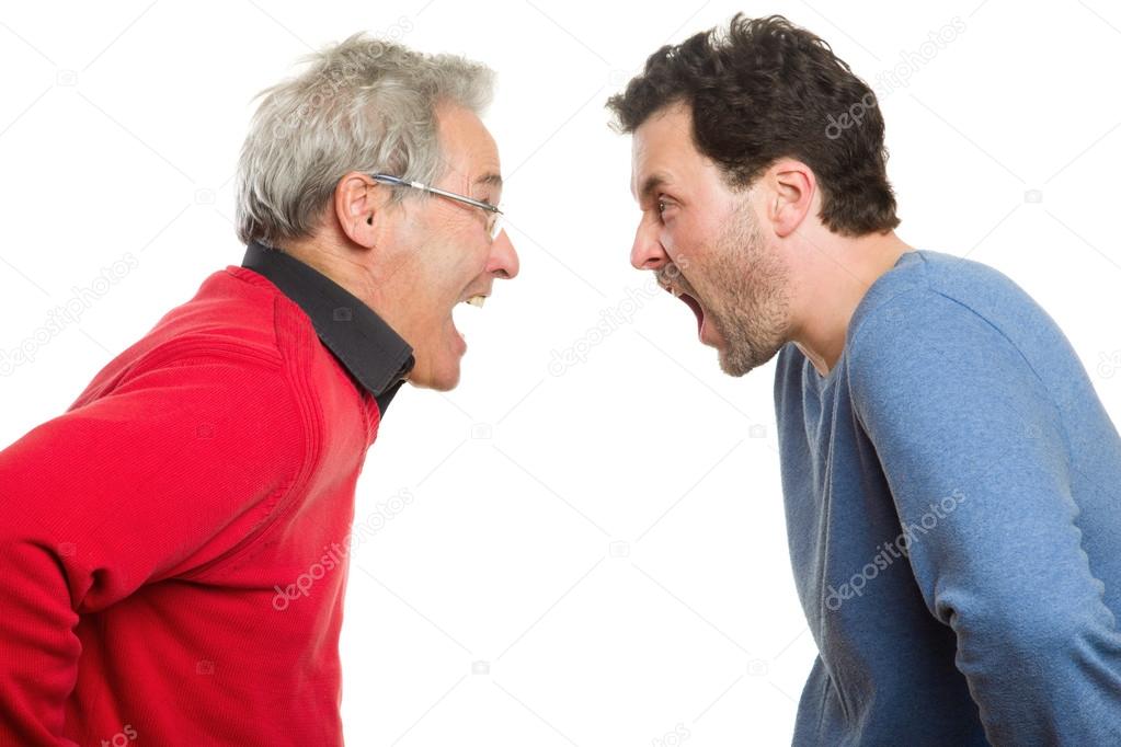 Father and son screaming, Generation conflict, argument — Stock Photo ...