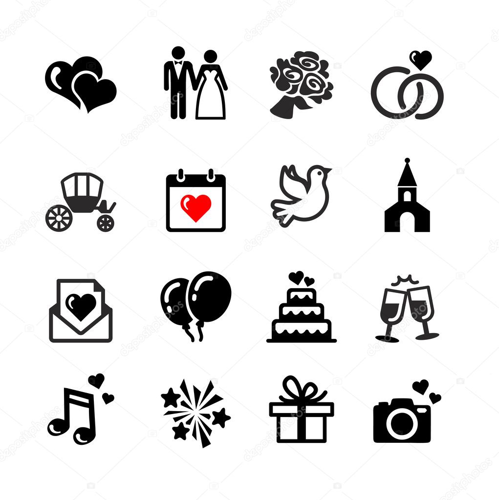 16 Web-Icons gesetzt. Hochzeit, Braut und Bräutigam, Liebe, Feier ...