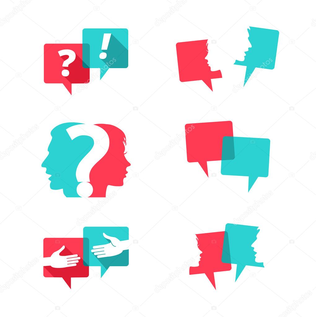 Set of speech bubbles with people faces, handshake and question mark ... Set of speech bubbles with people faces, handshake and question mark ...