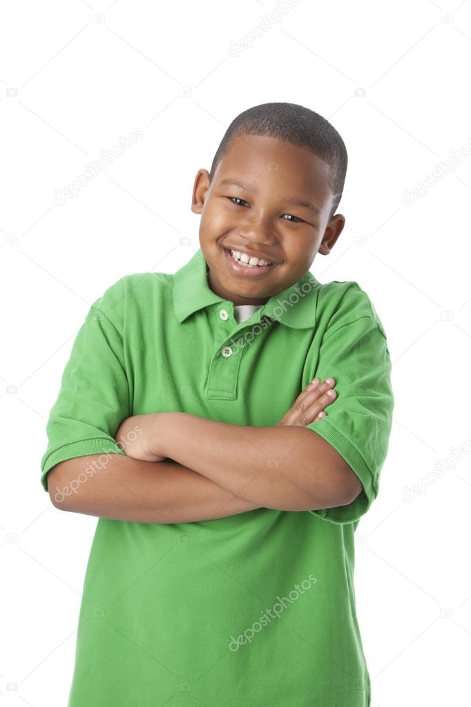 Smiling african american little boy with crossed arms — Stock Photo ...