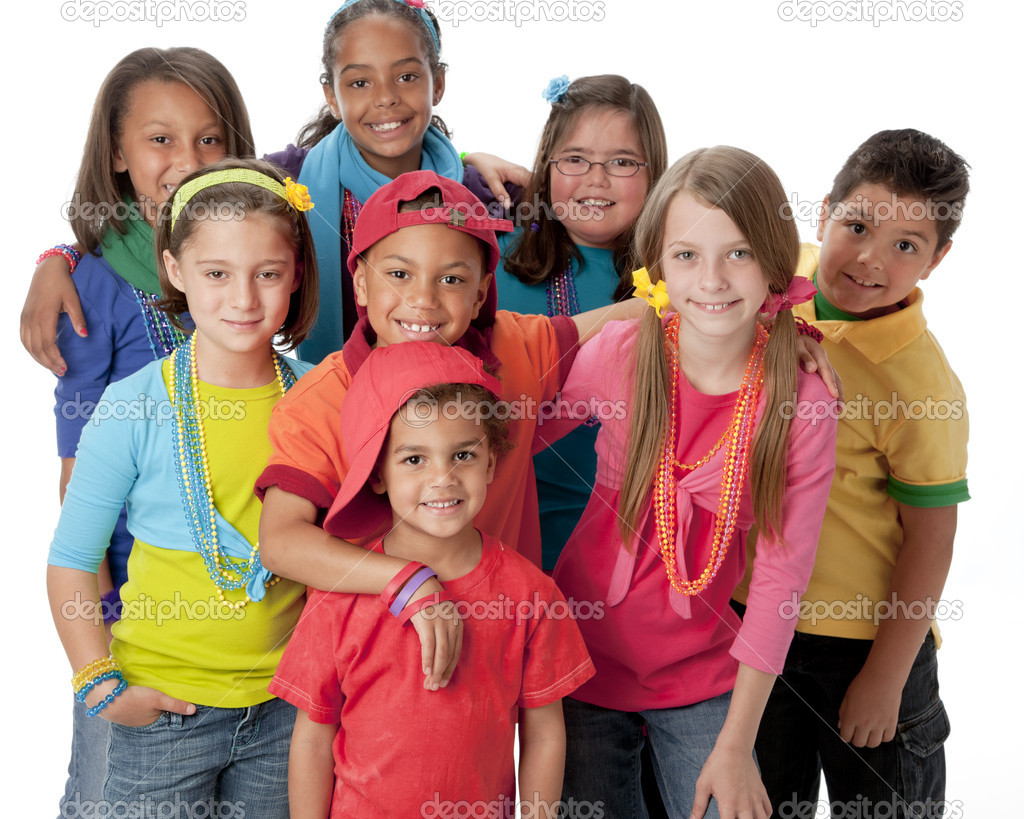 Diversity. Diverse group of children wearing vibrant colorful clothes ...