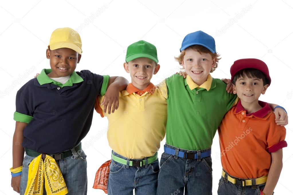 Diversity. Group of four diverse little boys with their arms around ...