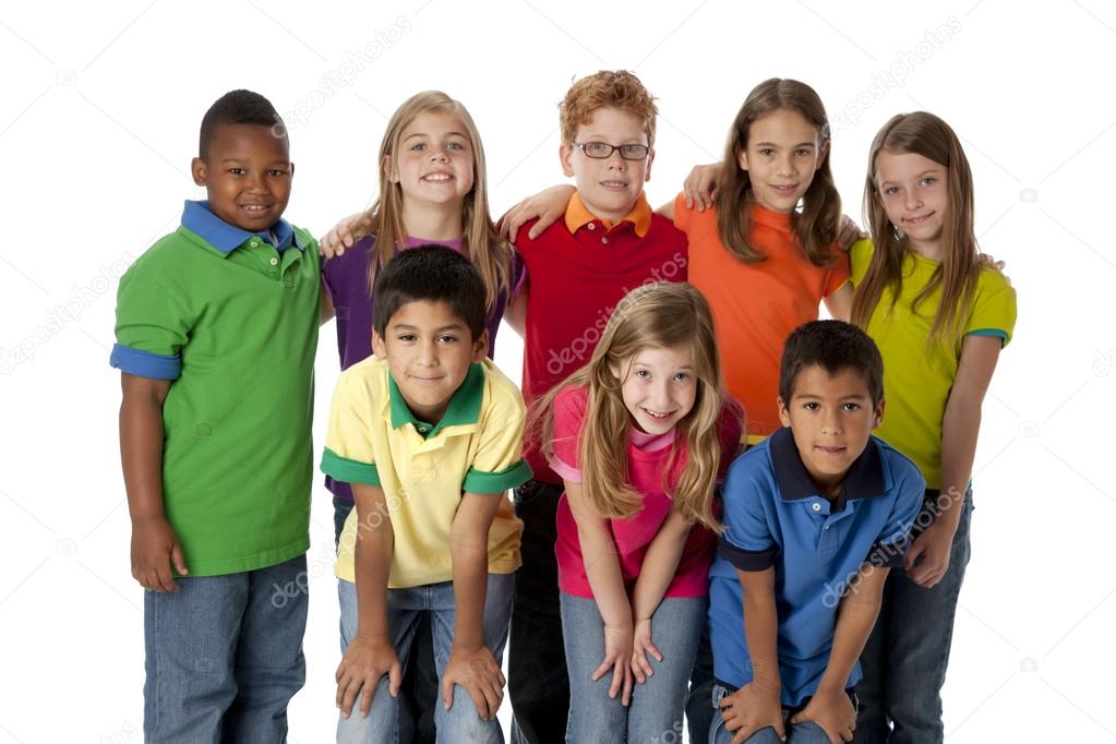 Diversity. Multi-racial group of eight children in colorful clothing ...