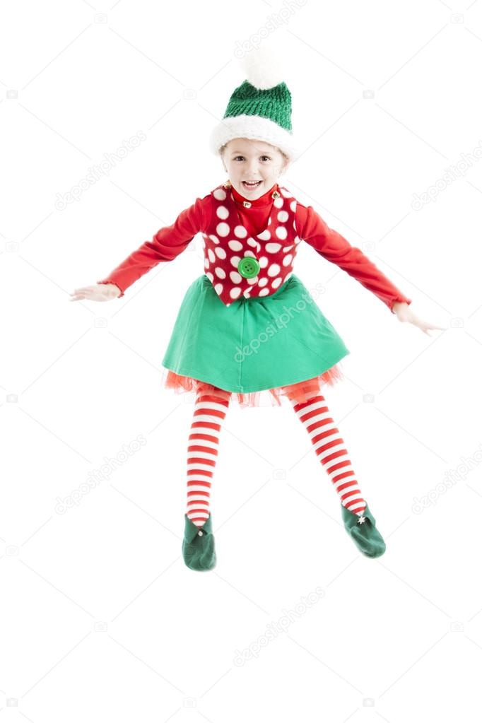 Happy dancing christmas elf jumps for joy — Stock Photo © jbryson #21427463