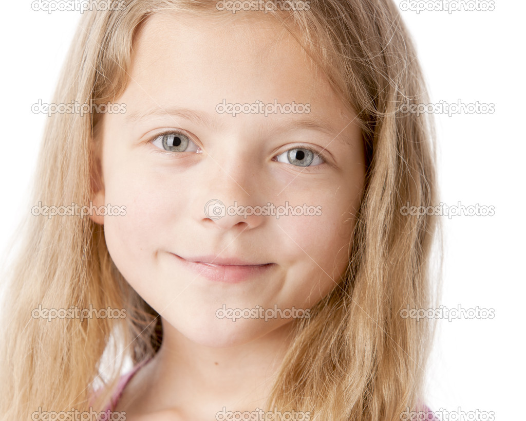 A clsoeup headshot of a smiling caucasian 9 year old little real girl ⬇ ...