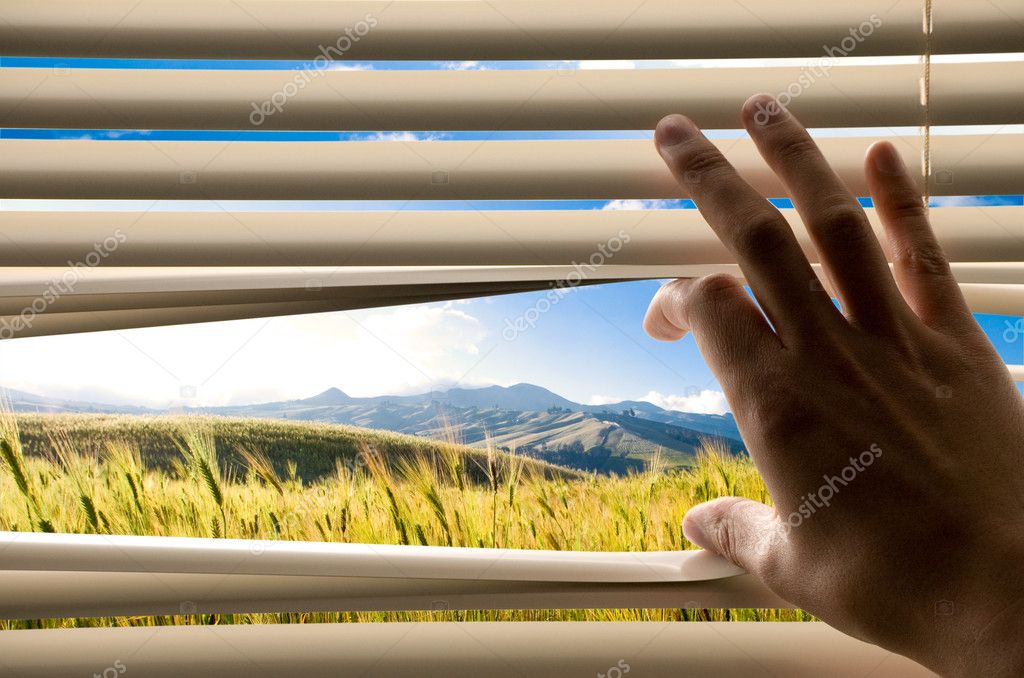 Hand opening window blinds with beautiful landscape view Stock Photo by ...