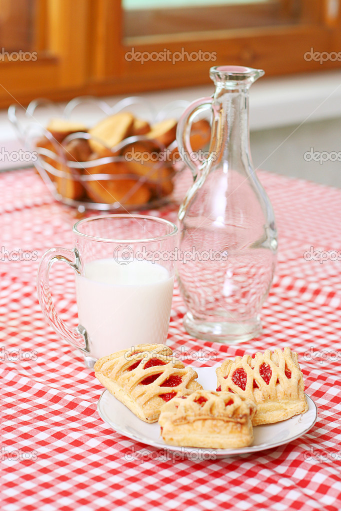 Breakfast with milk and cake ⬇ Stock Photo, Image by © lisiza #19583531