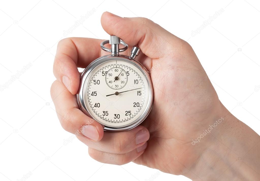 Close up of hand holding stopwatch, isolated on white background ...