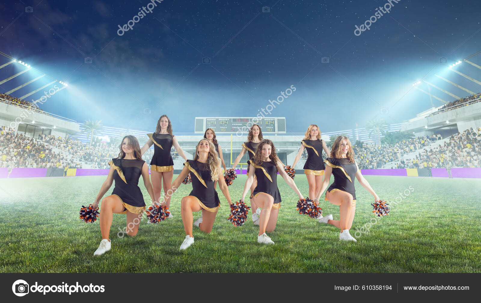 Grupo Animadoras Acción Estadio Noche — Foto de stock #610358194 ...