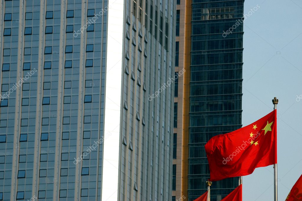 Modern skyscraper with Chinese flag Modern Chinese skyscraper - closeup ...