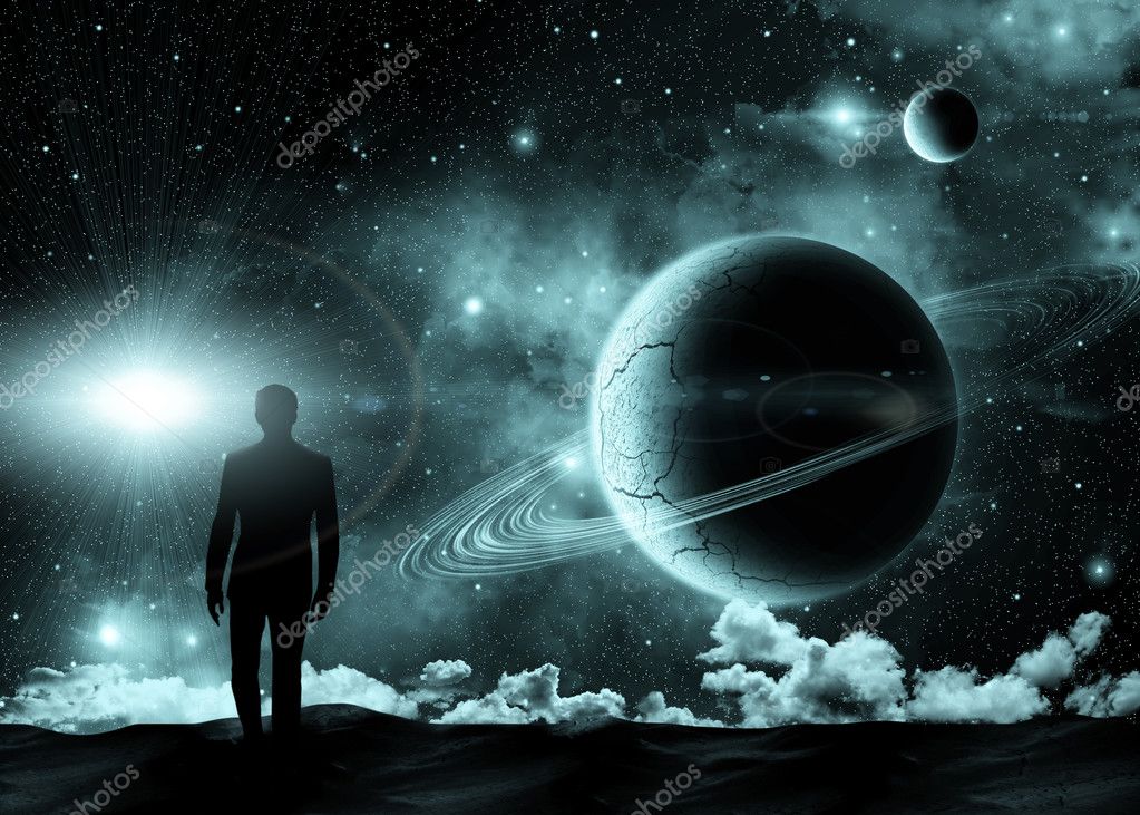 Man standing on the background of the cosmic landscape Stock Photo by ...