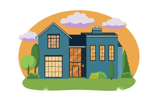 Cartoon house exterior with blue clouded sky Front Home Architecture ...