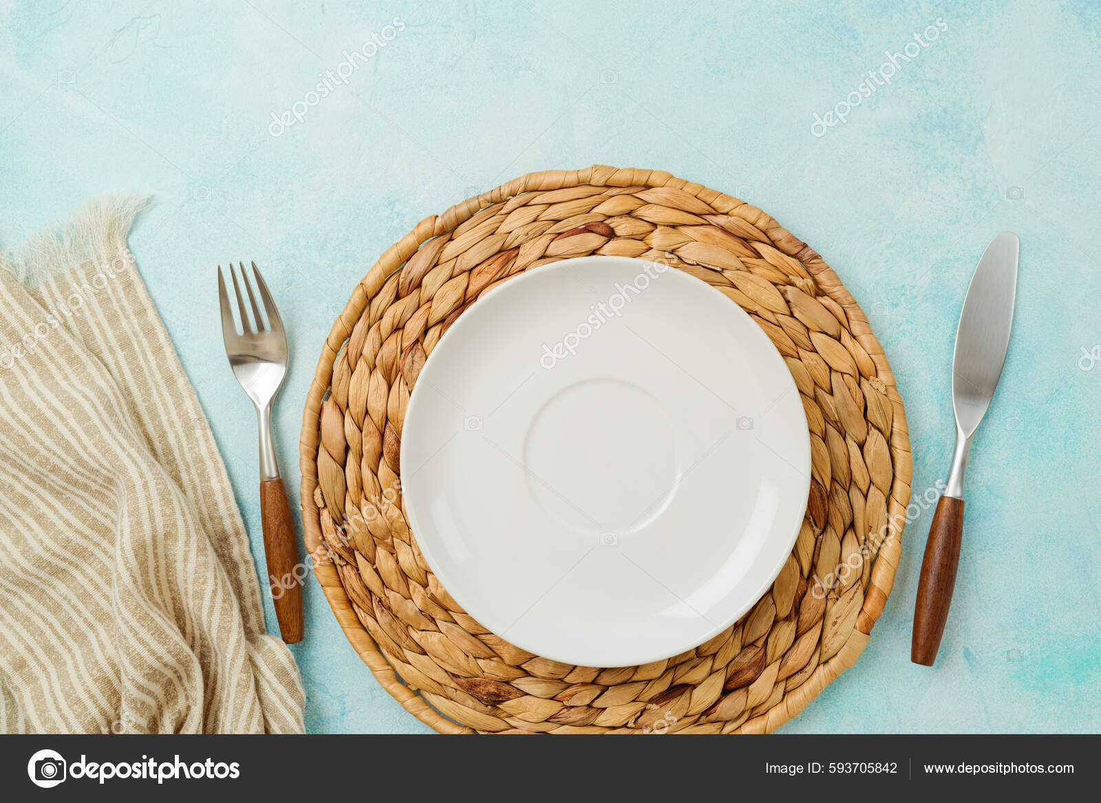 Modern Table Setting Empty Plate Tablecloth Silverware Mock Background ...