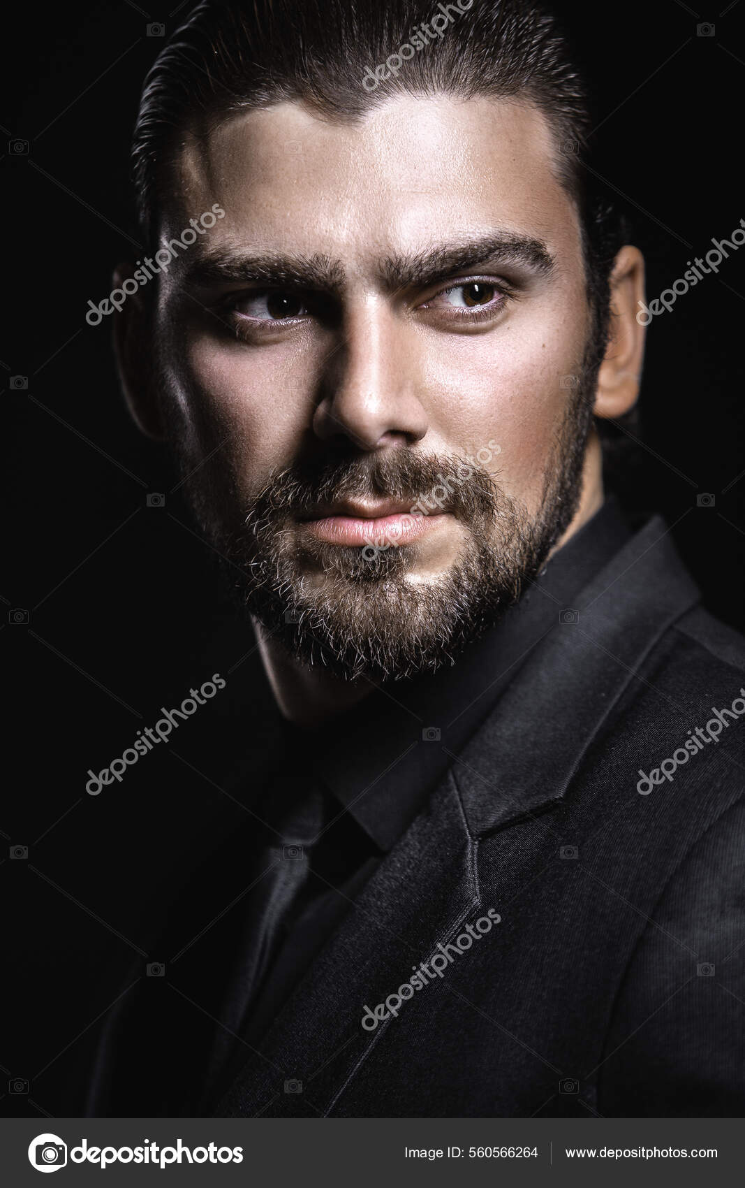 Strict Male Portrait Guy Classic Black Suit Half Face Light — Stock ...