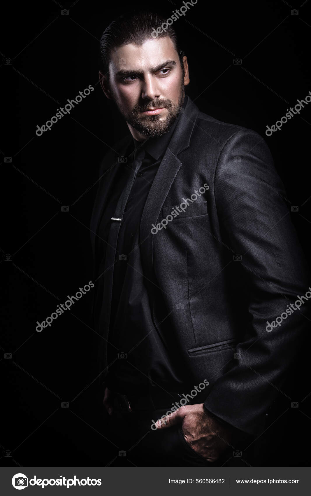 Strict Male Portrait Guy Classic Black Suit Half Face Light — Stock ...