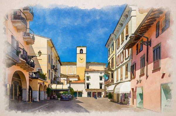 Dibujo en acuarela de Desenzano del Garda: campanario y torre del reloj ...