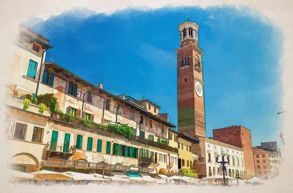 Dibujo en acuarela de Verona: Piazza Delle Erbe plaza en el centro ...
