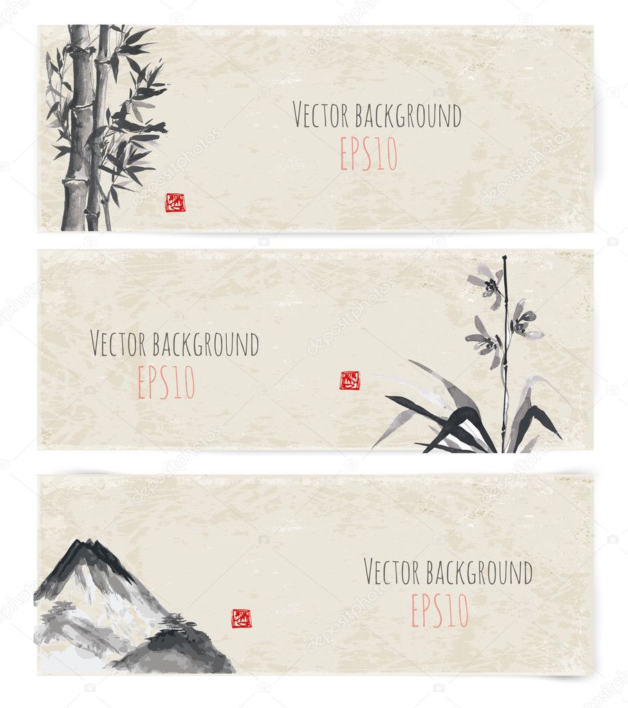 Banners con bambú, montañas y aves 2023