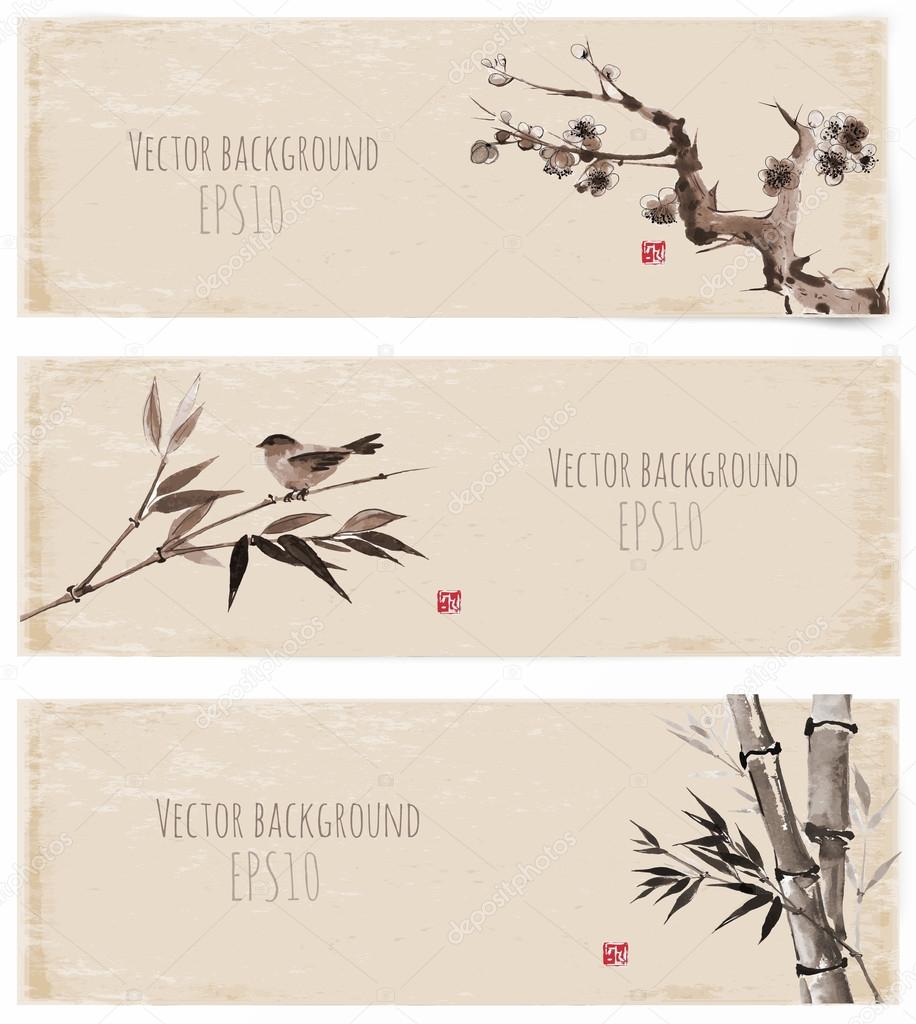 Banners con bambú, sauce y aves 2023