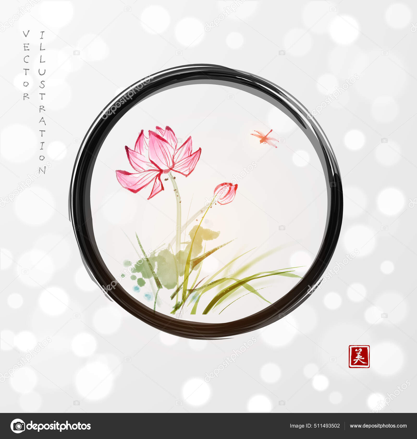 Lotus Flowers Black Enso Zen Circle White Glowing Background ...
