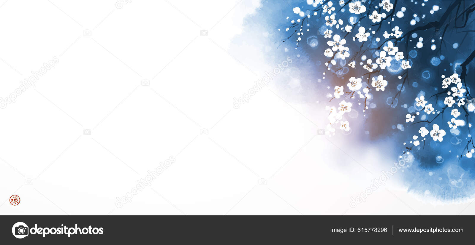 Blooming Sakura Tree Blue Fog White Background Traditional Oriental Ink ...