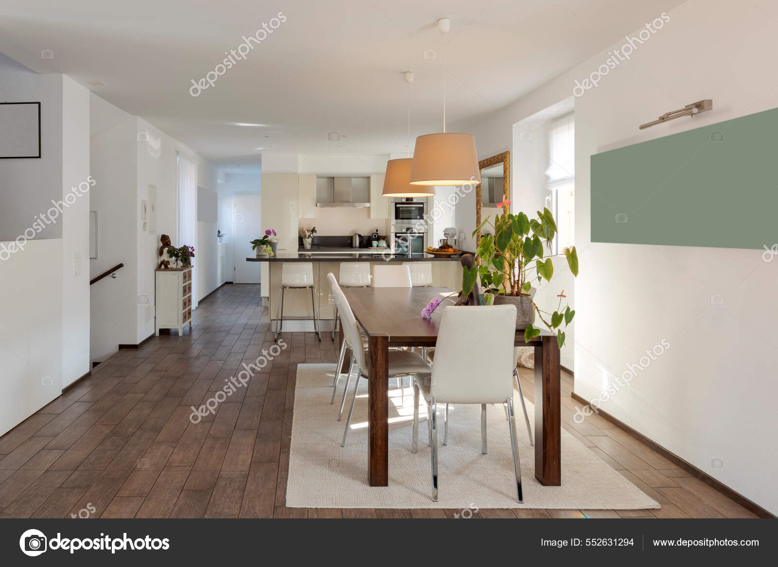 Open Space Leather Table Chairs Modern Kitchen Island Stools Background ...