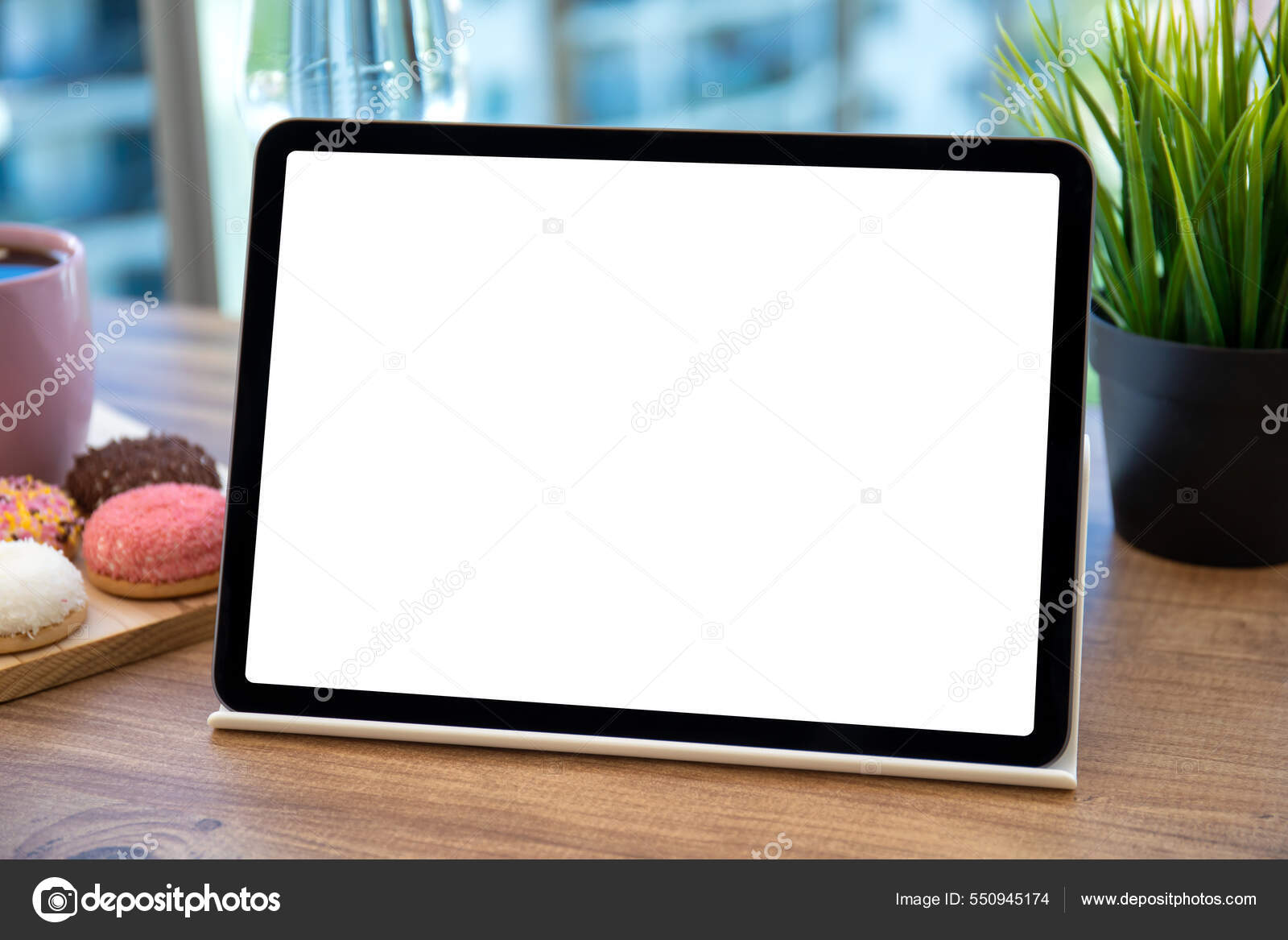 Computer Tablet Isolated Screen Table Background Fruit Cafe — Stock ...