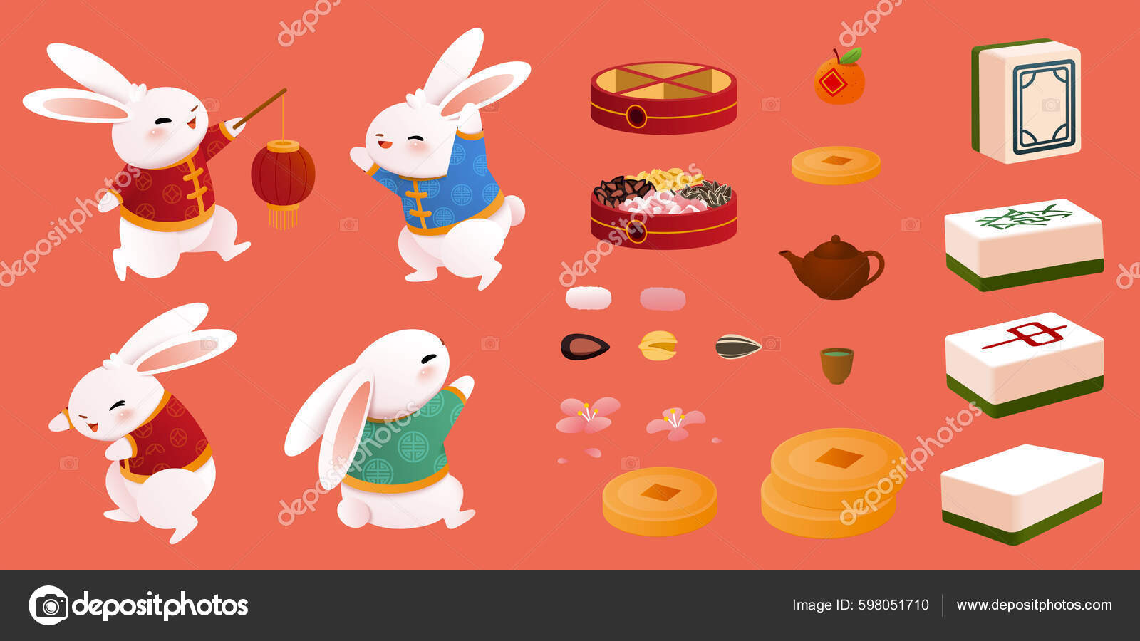 2023 Cny Elements Rabbits Traditional Clothing Poses One Playing ...