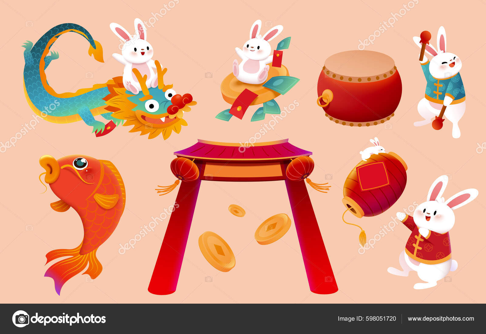 2023 Cny Element Set Including Festive Rabbits Riding Dragon Drumming ...