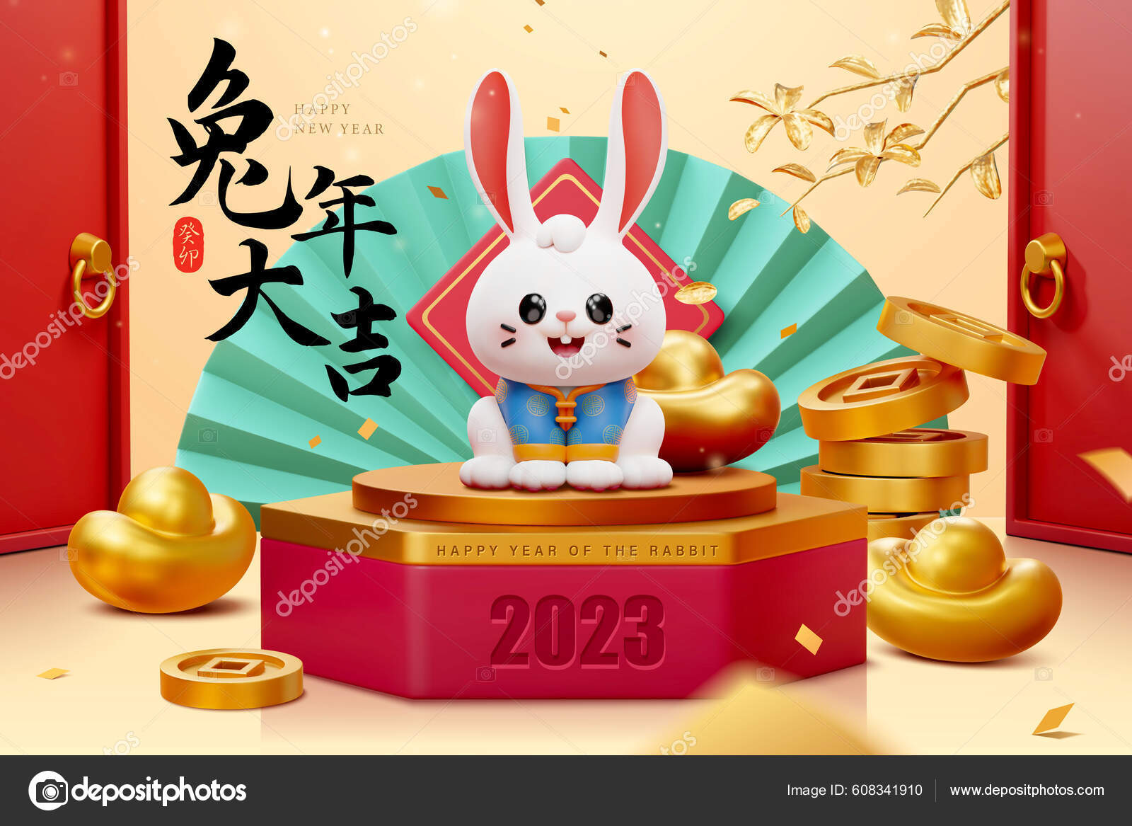 Illustrated Rabbit Sitting Hexagon Podium Japanese Paper Fan Red Doors ...