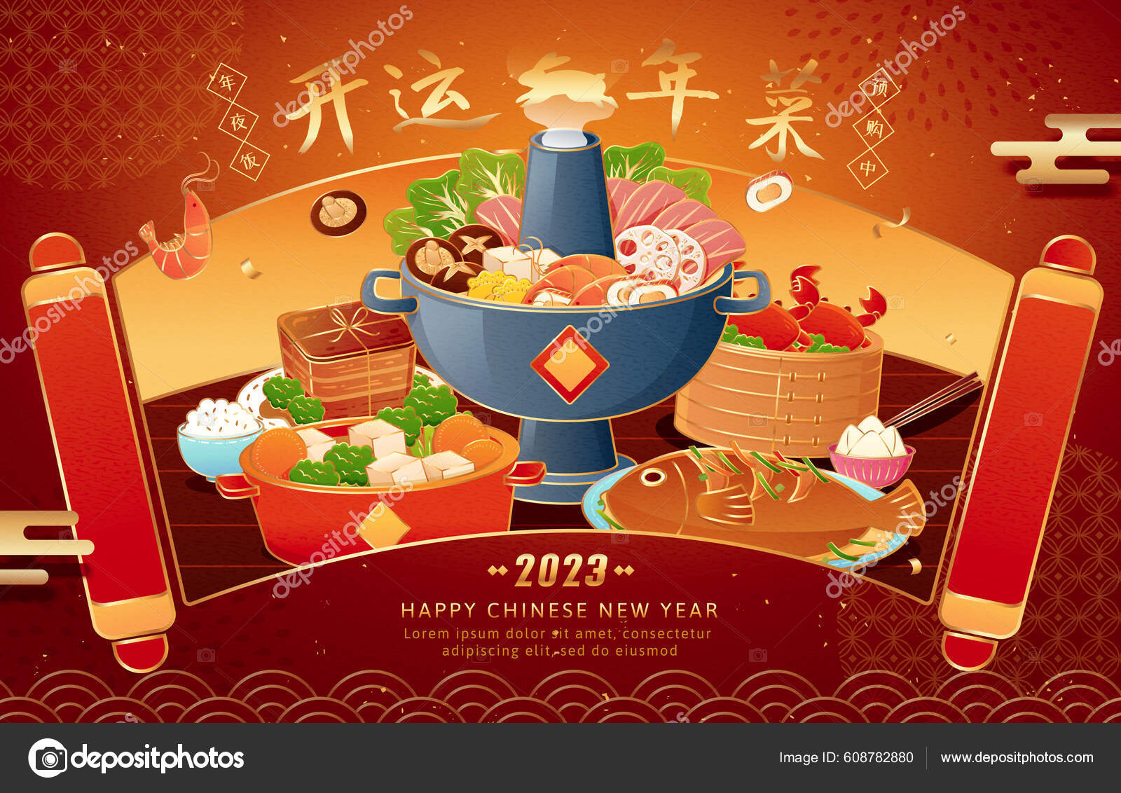 Illustrated Traditional Cny Dinner Fan Shape Scroll Red Golden Line ...